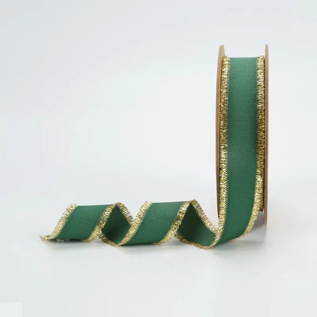 1" Textured Grosgrain Ribbon | Gold Metallic Fringe Green | 25 Yard Ro