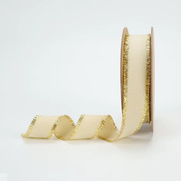 1" Textured Grosgrain Ribbon | Gold Metallic Fringe Cream | 25 Yard Ro